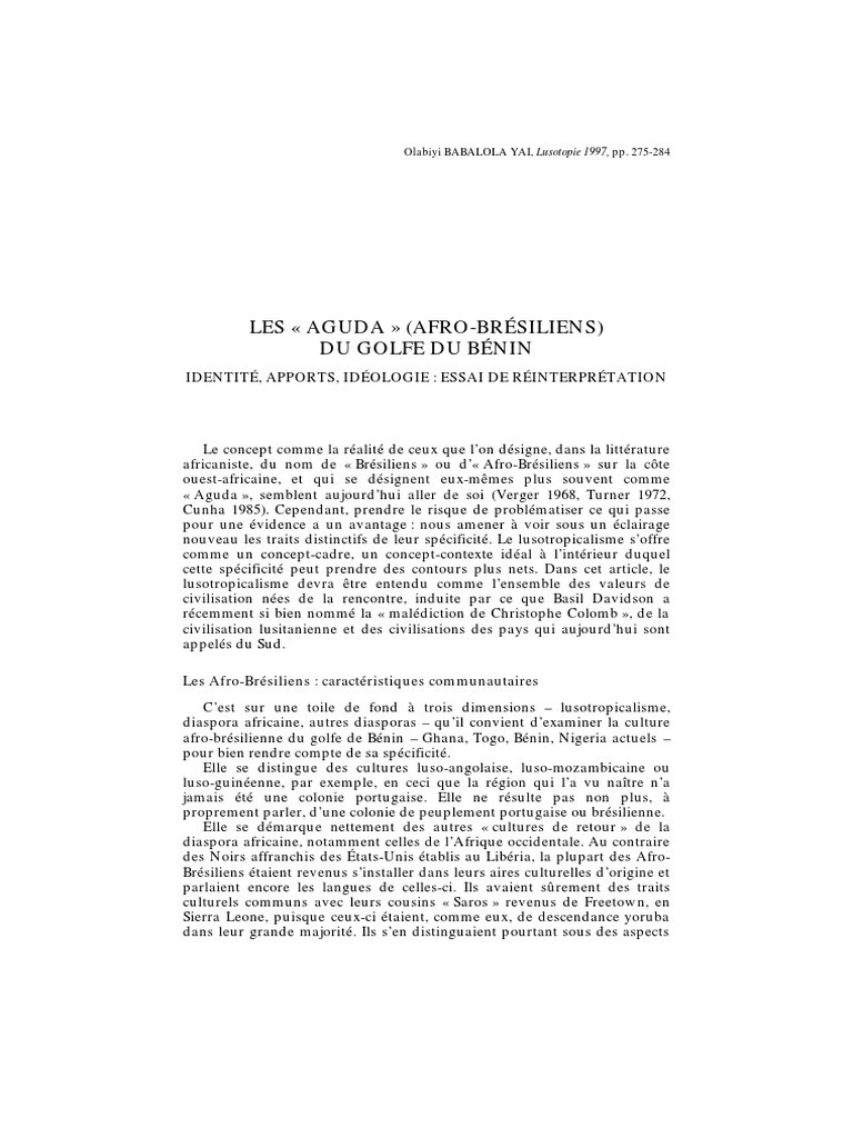 Identité et culture des Aguda du Bénin | PDF | Afrique | Église catholique