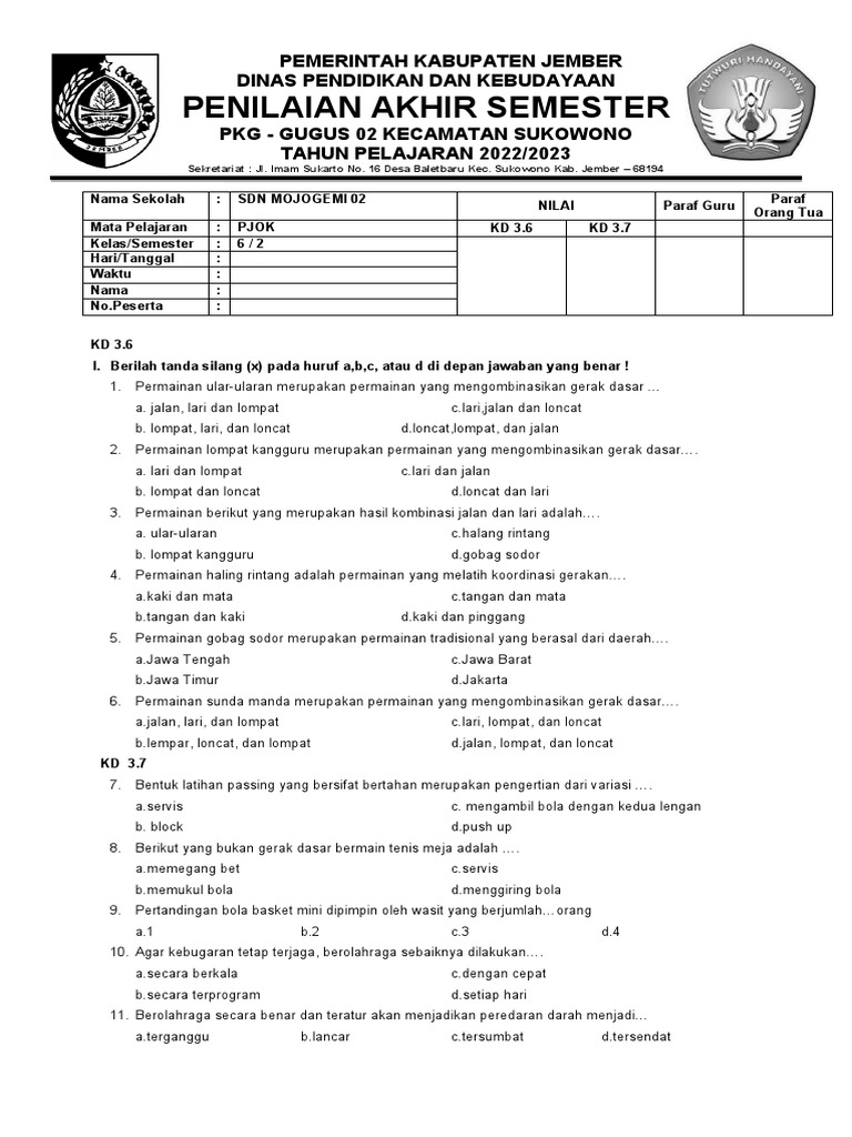 Soal PAS PJOK Kelas 6. SMT 1 | PDF