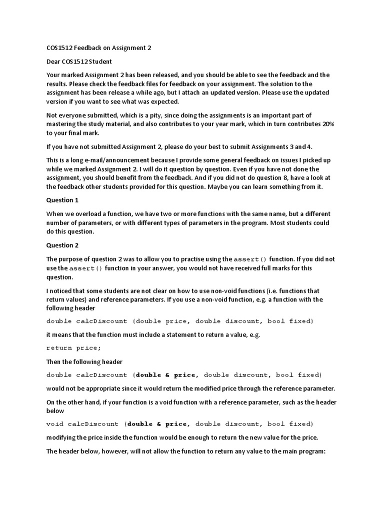 COS1512 Feedback On Assignment 2 | PDF | Pointer (Computer Programming ... COS1512 Feedback On Assignment 2 | PDF | Pointer (Computer Programming ...