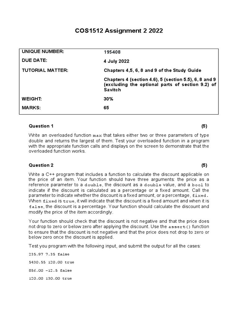 COS1512 Assignment 2 2022-2 | Download Free PDF | Pointer (Computer Programming) | Parameter ...
