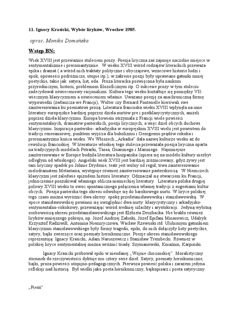 Ignacy Krasicki Wybór Liryków Oprac. S. Graciotti Wrocław 1985. | PDF