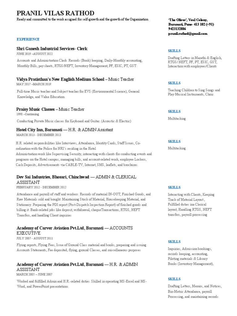 Pranil Vilas Rathod: Experience Skills | PDF