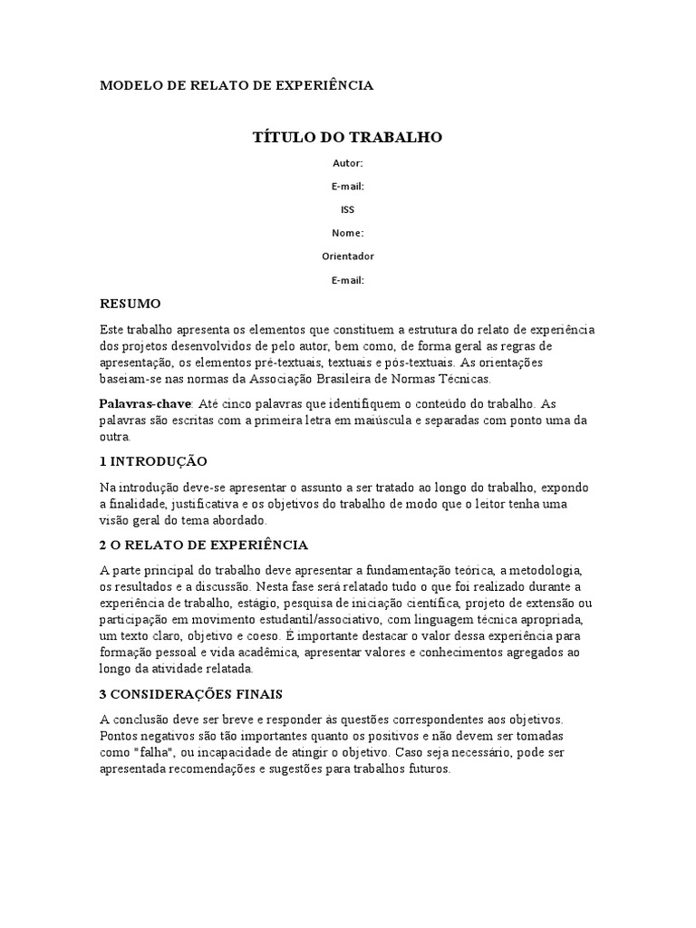 MODELO DE RELATO DE EXPERIÊNCIA PROFISSIONAL | PDF | Science | Informação MODELO DE RELATO DE EXPERIÊNCIA PROFISSIONAL | PDF | Science | Informação