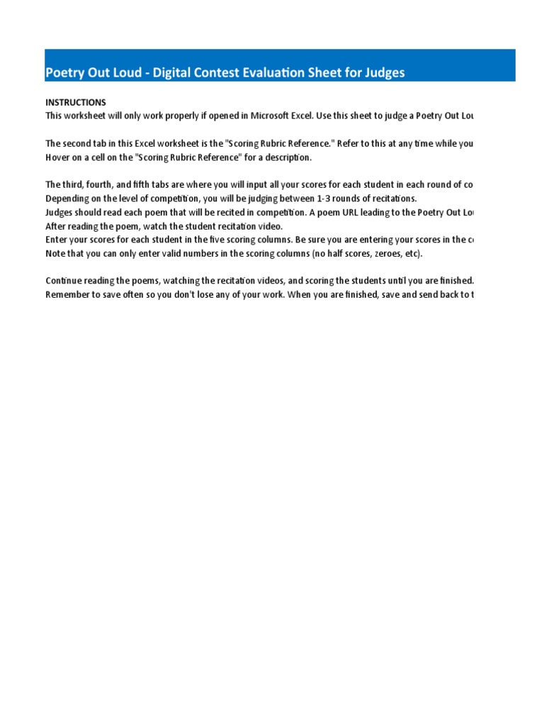 Poetry Out Loud Judges Evaluation Sheet | PDF
