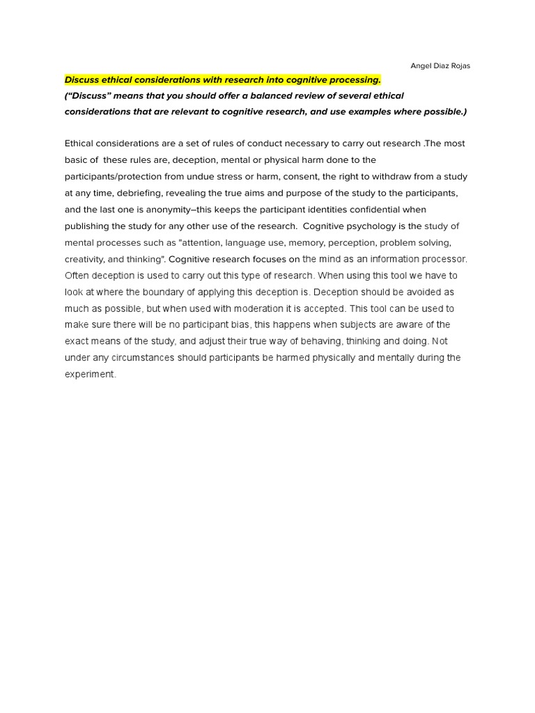 Ethical Issues in Cognitive Research | PDF