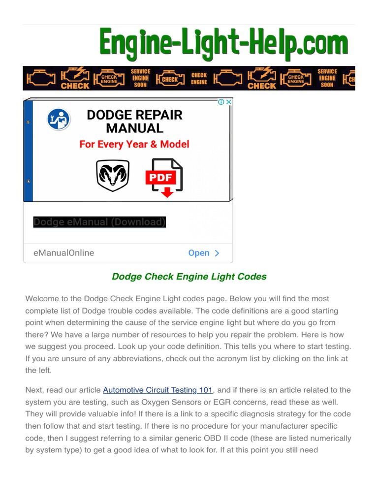 Dodge Check Engine Light Codes Guide | PDF | Relay | Throttle