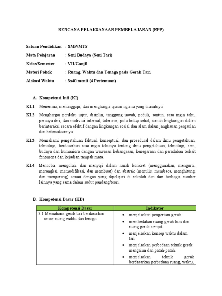 RPP Tari Kelas VII Tari | PDF