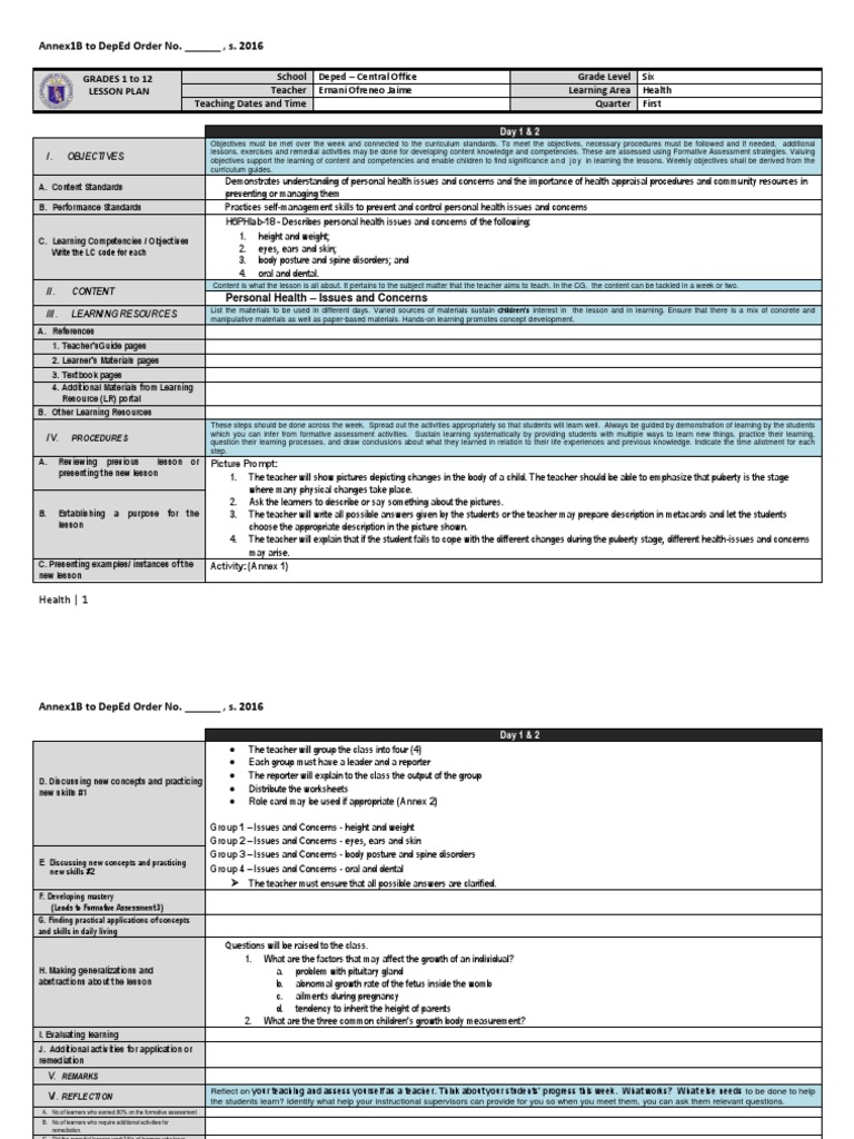 DLL Health Q1 - LC1-9-1 | PDF | Teachers | Learning