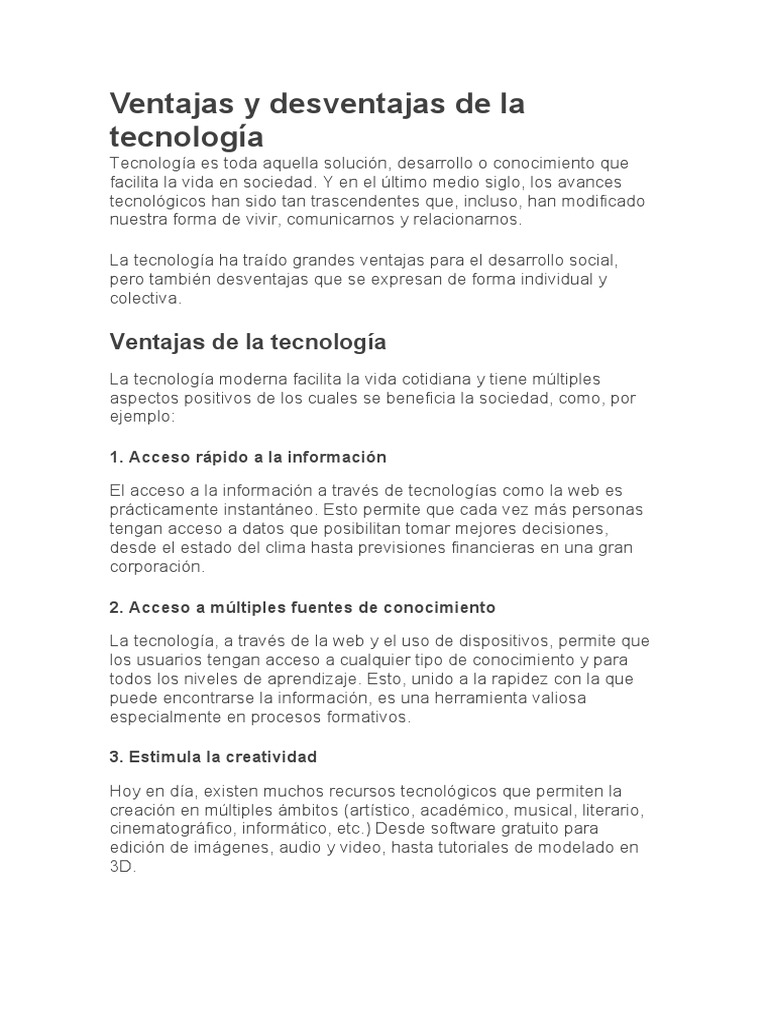 Ventajas y Desventajas de La Tecnología.1 | PDF | Internet | Energía ...