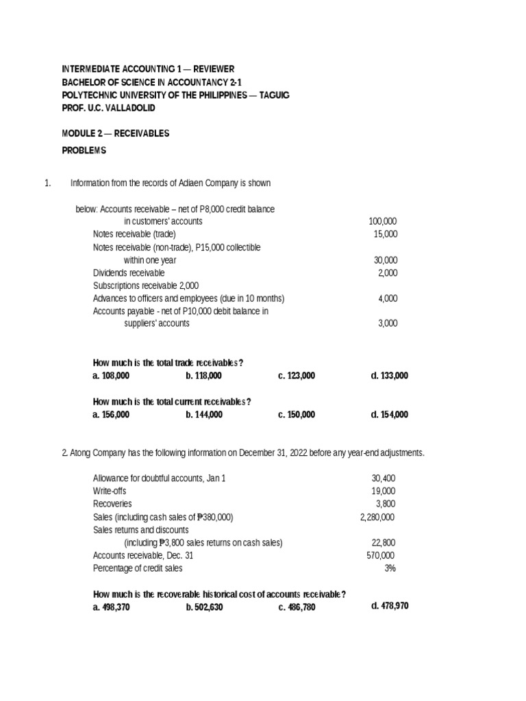 IntAcc Reviewer - Module 2 (Problems) | PDF | Debits And Credits | Bad Debt