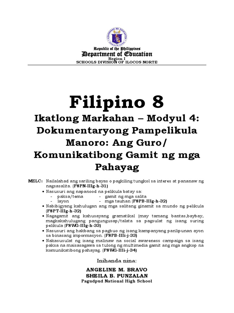 Filipino8 Q3 Modyul4 Week7 8 Bravo, Angeline | PDF Filipino8 Q3 Modyul4 Week7 8 Bravo, Angeline | PDF