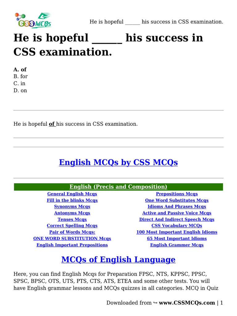 CSS English Mcqs | PDF