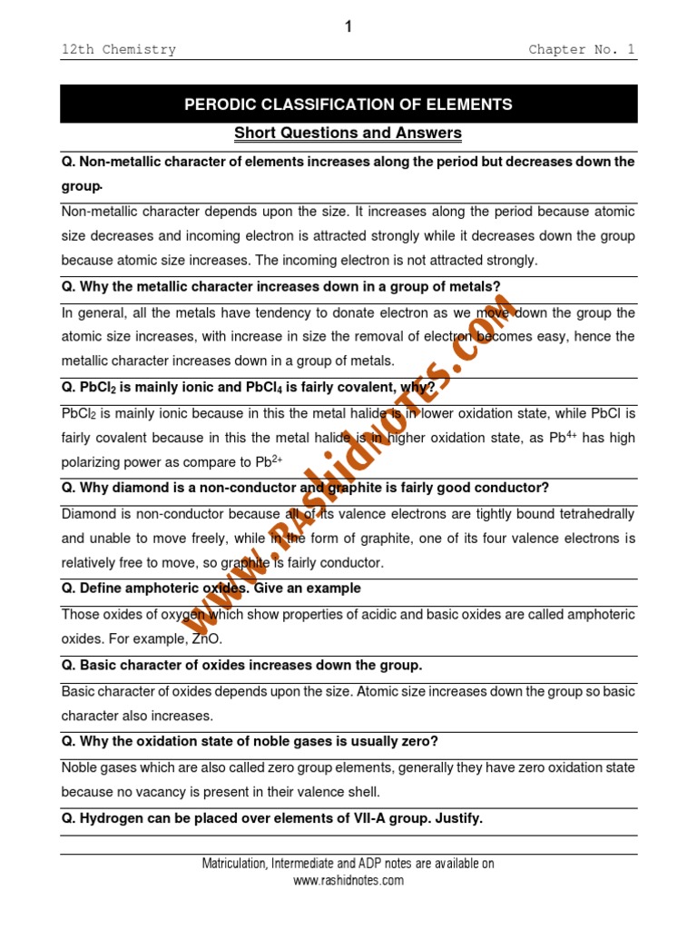 12th Chemistry Chapter 1 Periodic Classification of Elements PDF | PDF ...