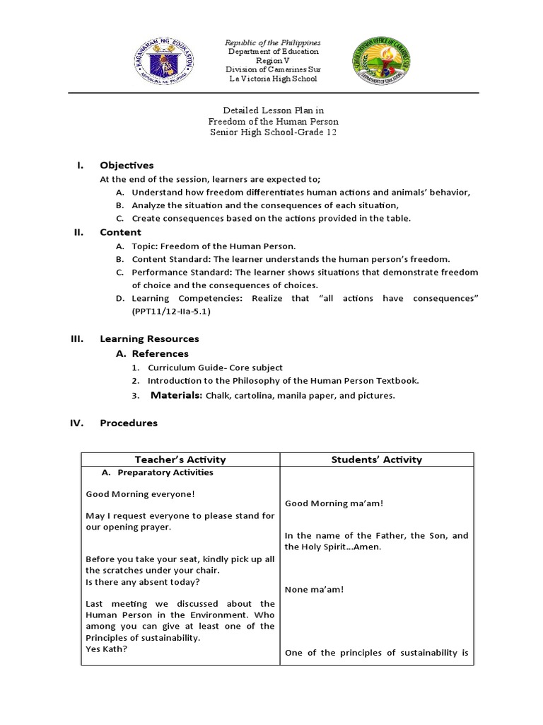 Detailed Lesson Plan: Freedom of the Human Person | PDF | Learning ...