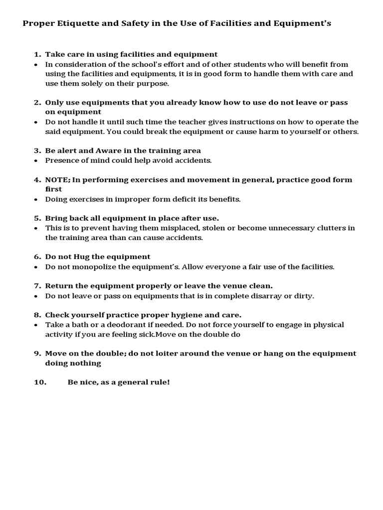 Proper Etiquette and Safety in The Use of Facilities and Equipment | PDF