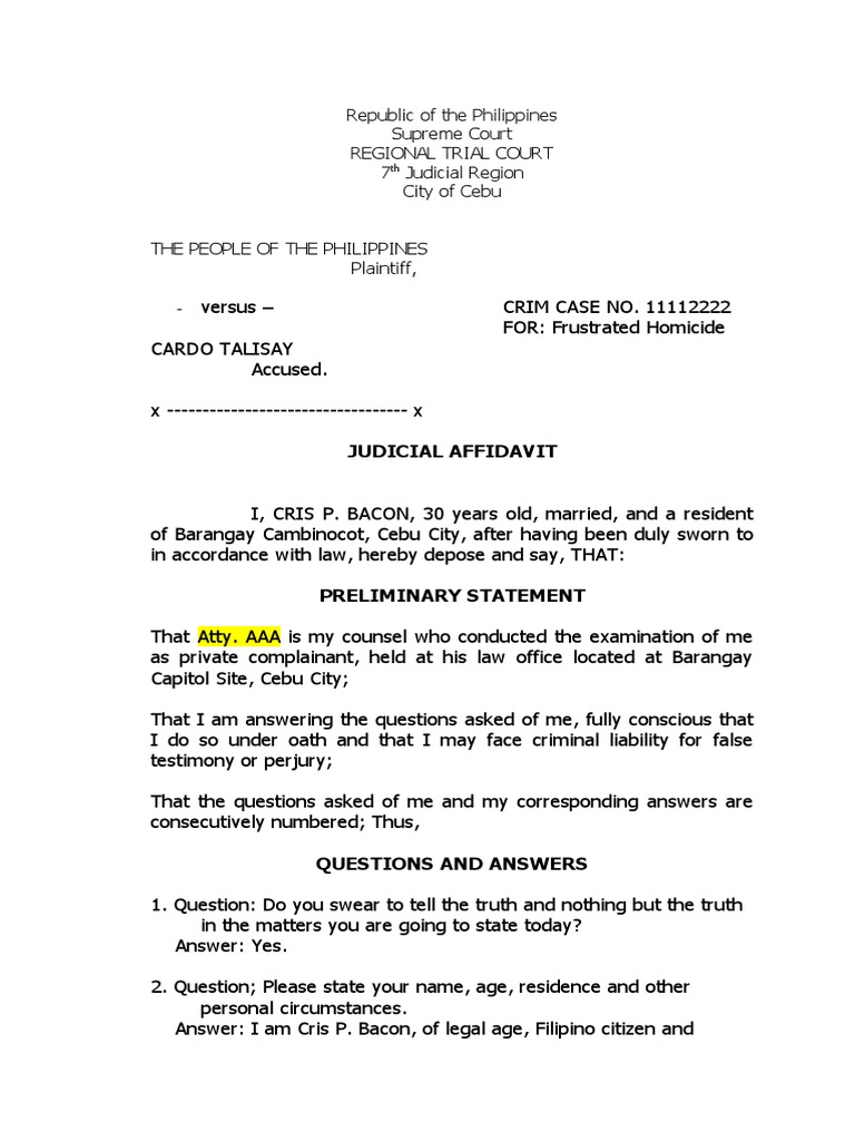 Judicial Affidavit - Frustrated Homicide | PDF | Affidavit | Justice