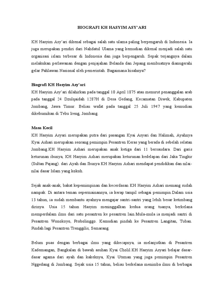 Biografi KH Hasyim Asy'ari | PDF | Politik