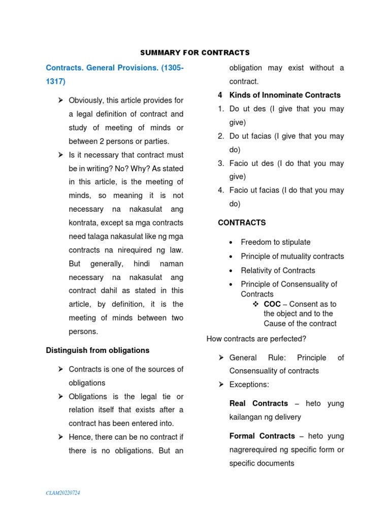 Summary For Contracts PDF | PDF | Void (Law) | Offer And Acceptance
