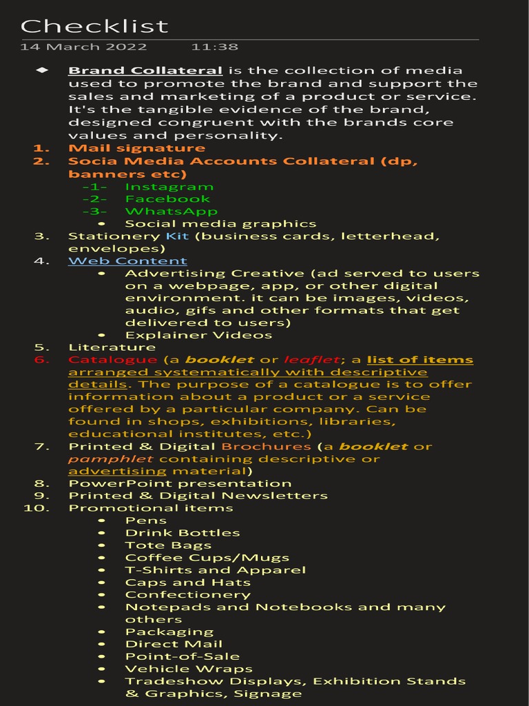 Brand Collateral Checklist | PDF Brand Collateral Checklist | PDF