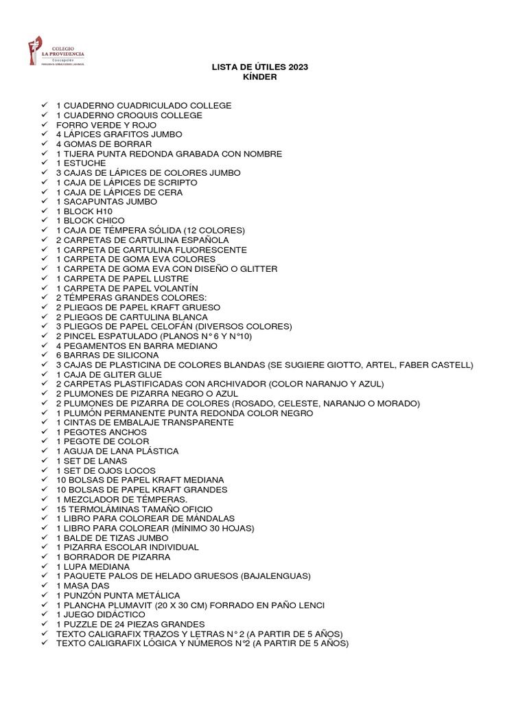 Útiles Kínder | PDF | Implementos de escritura | Papelería