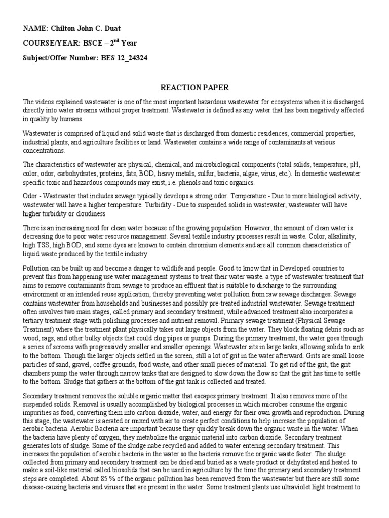Reaction Paper - Water Waster Characteristics and Sewage Treatment ...