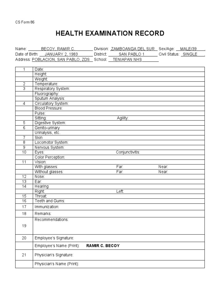 CS Form 86 Health Examination Record | PDF | Lifestyle