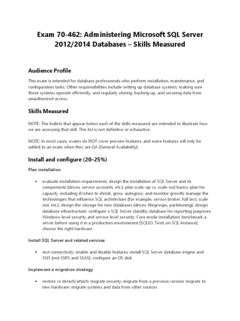 Exam 70 462 Administering Microsoft SQL Server 2012 2014 Databases Skills Measured | PDF ...
