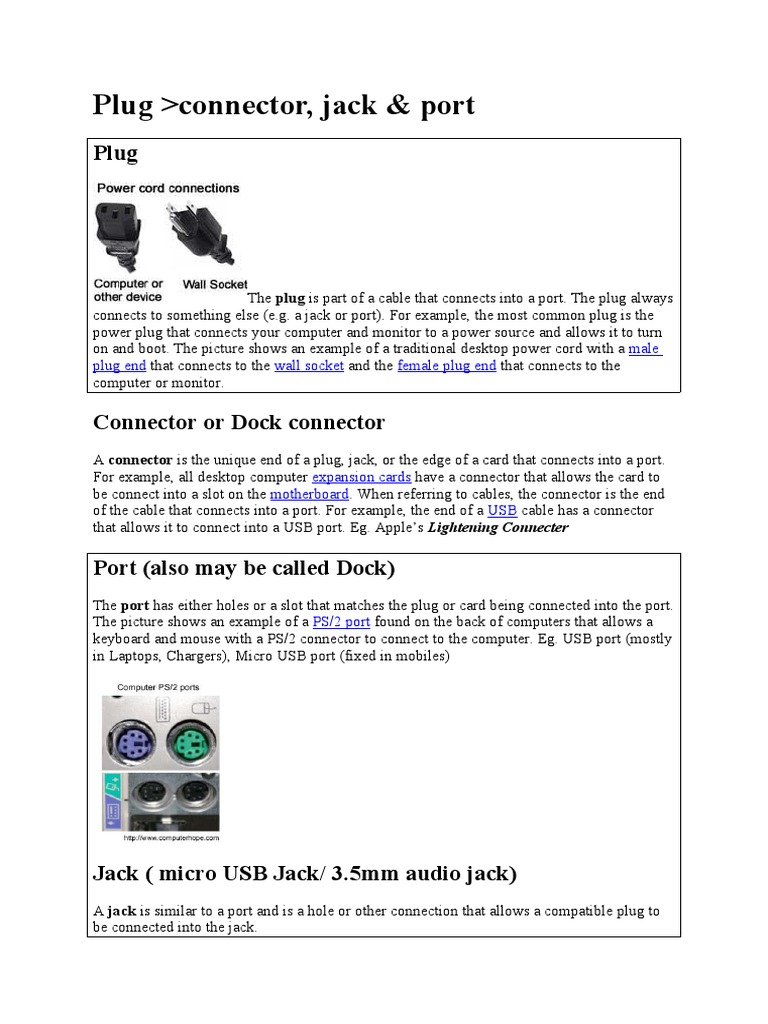 What Is The Difference Between A Connector, Jack, Plug, and Port | PDF | Electrical Connector | Usb
