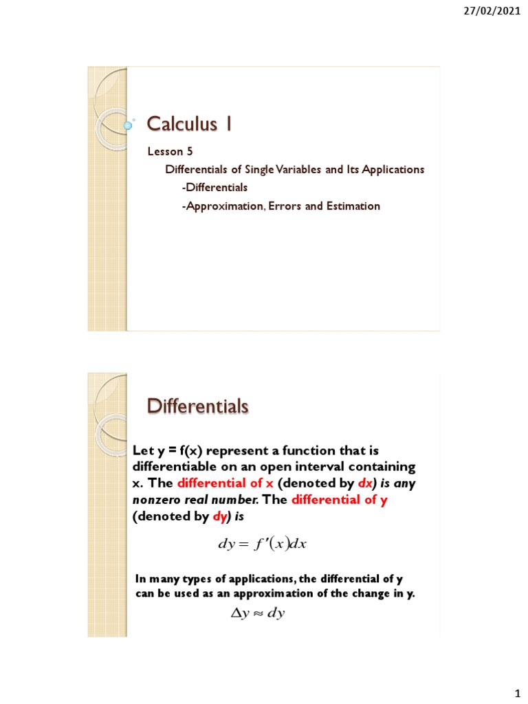 CALENG1 Lesson 05 Differentials of Single Variables and Its Applications PDF | PDF | Volume ...
