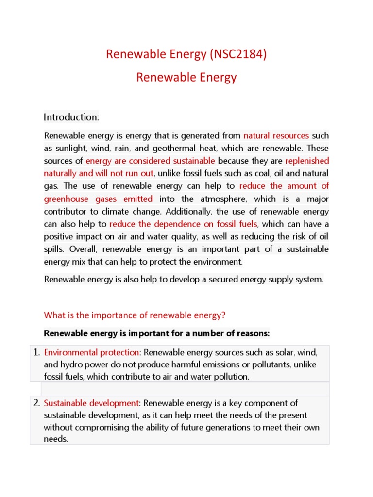 Importance of Renewable Energy | PDF | Renewable Energy | Sustainability