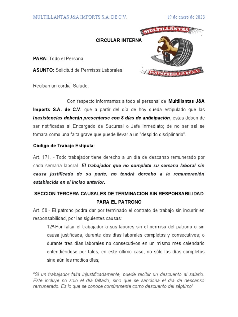 CIRCULAR INTERNA Permisos Laborales | PDF