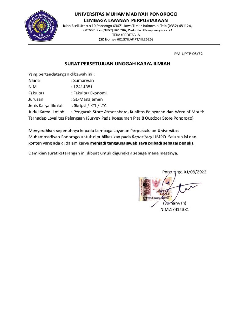 Surat Persetujuan Unggah Karya Ilmiah Sumarwan PDF | PDF
