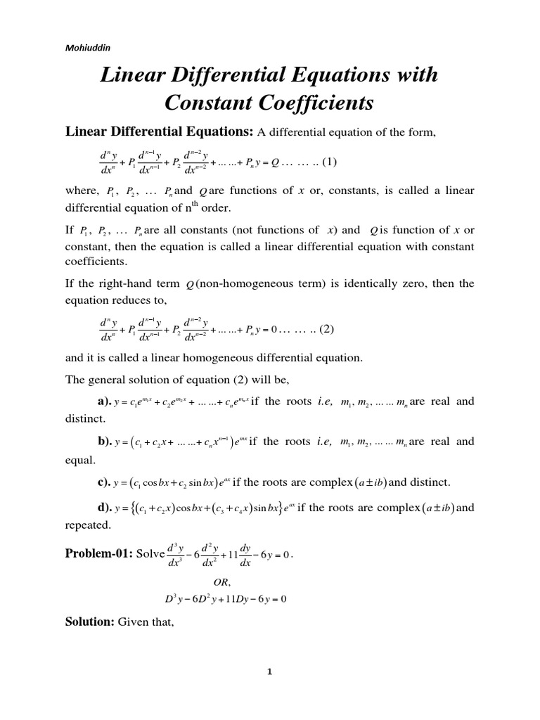 06 Linear Differential Equations With Constants And Variable Coefficients Pdf Ordinary