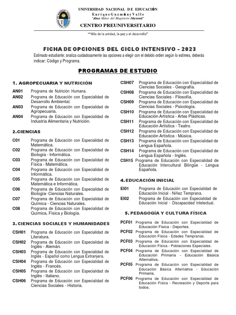 FICHA DE OPCIONES PROGRAMAS CICLO INTENSIVO - 2023 Completo PDF | PDF | Science