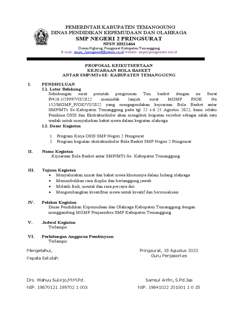Proposal Kejuaraan Basket SMP Temanggung | PDF