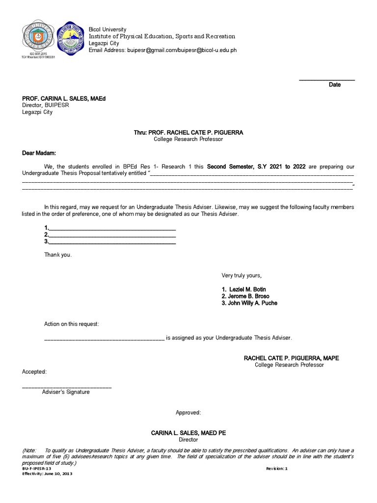 Thesis Adviser Form | PDF | Thesis | Academia