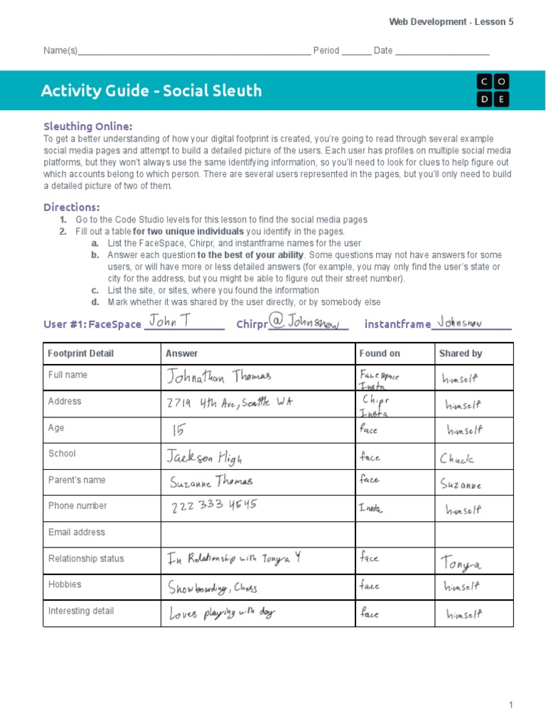 U2L05 - Activity Guide - Social Sleuth | PDF | Popular Culture & Media ...