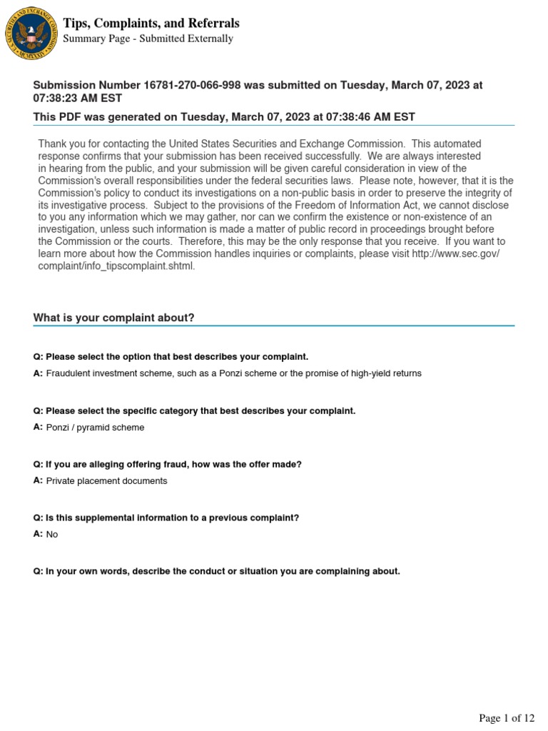 03.07.23 Re Submitted SEC Whistleblower Complaint | PDF | U.S ...