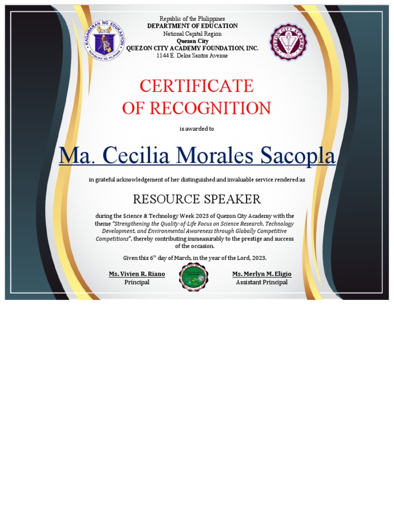 Certificate of Recognition For Guest of Honor and Speaker Template 1 | PDF