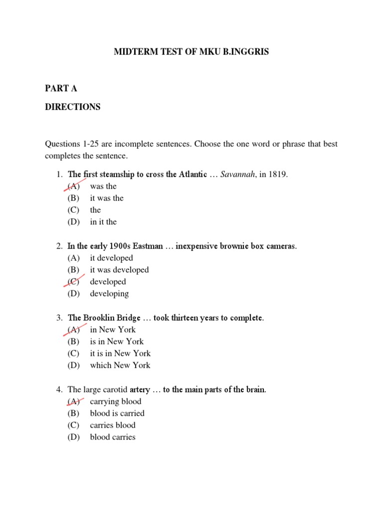 English Midterm Test: Sentence Completion & Error Identification | PDF