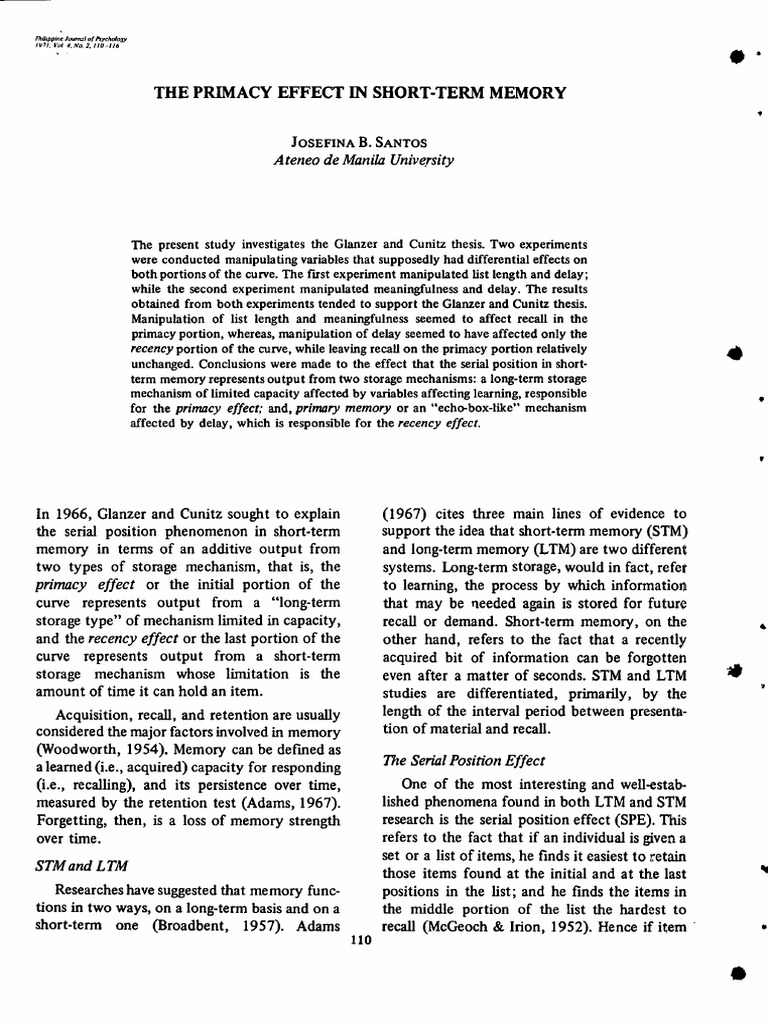 07 - The Primacy Effect in Short-Term Memory | PDF | Recall (Memory) | Mental Processes