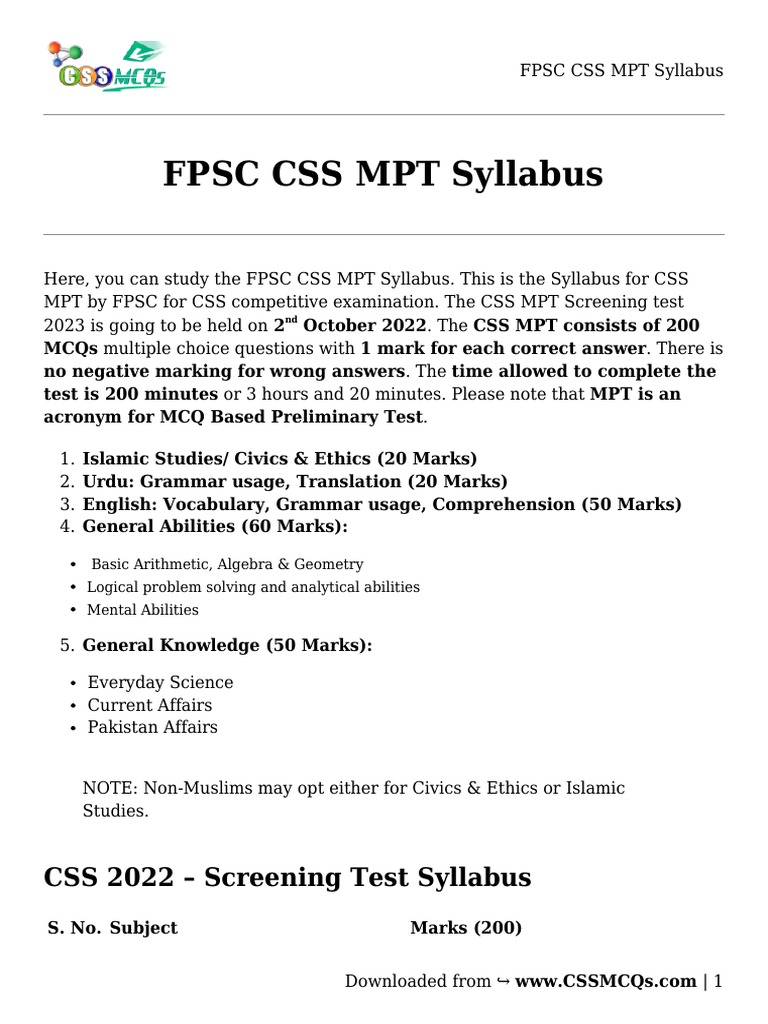 FPSC CSS MPT Syllabus | PDF | Multiple Choice | Cognition