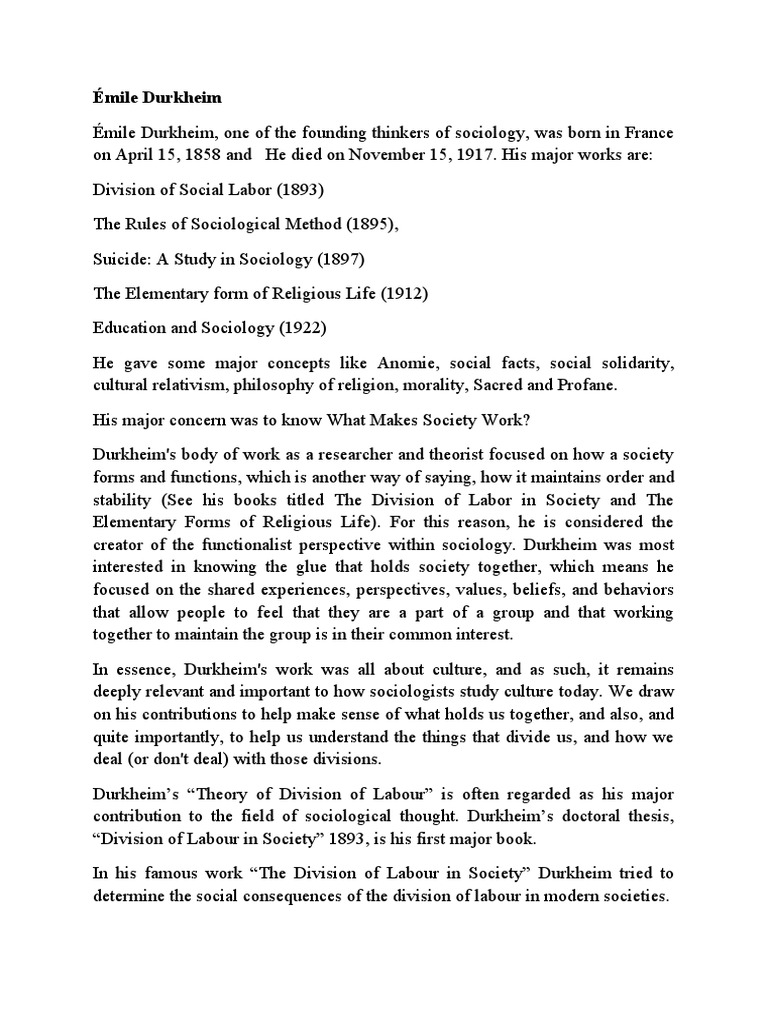 Emile Durkheim Pdf émile Durkheim Division Of Labour