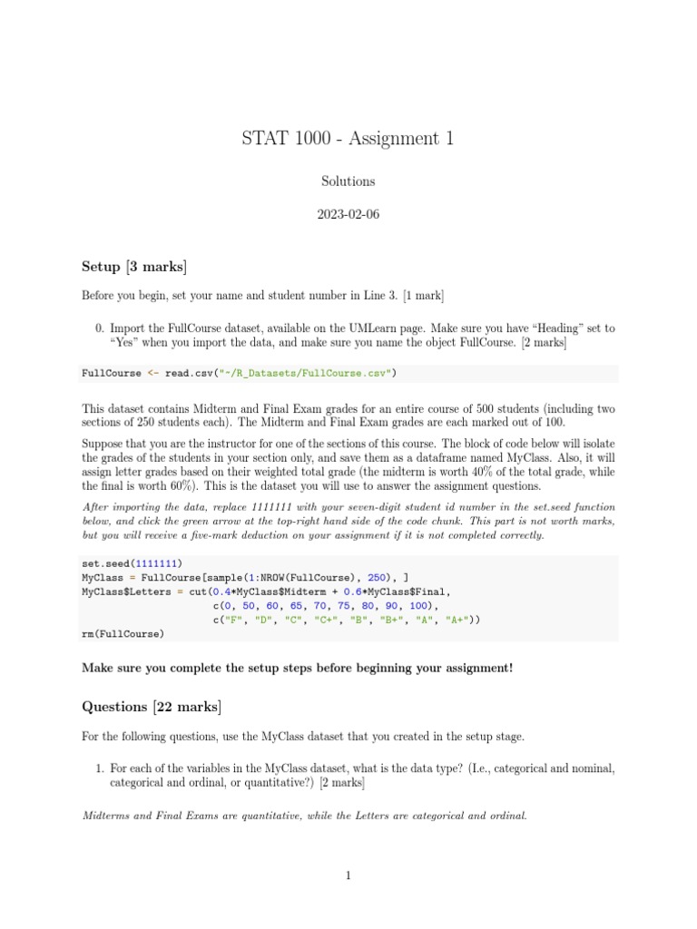 STAT 1000 Assignment - Solutions | PDF | Mean | Histogram
