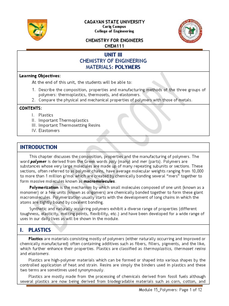 Module 15 - UNIT III - Polymers | PDF | Polymers | Plastic