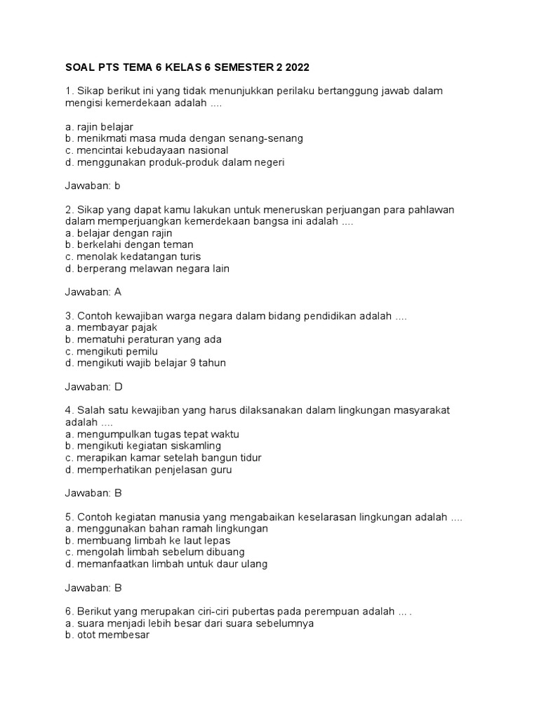 Soal PTS Tema 6 Kelas 6 Semester 2 2022 | PDF