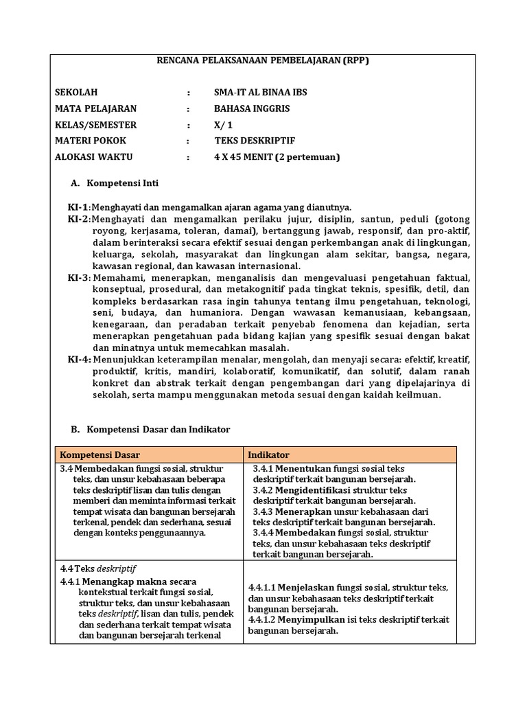 RPP Bahasa Inggris Sma | PDF