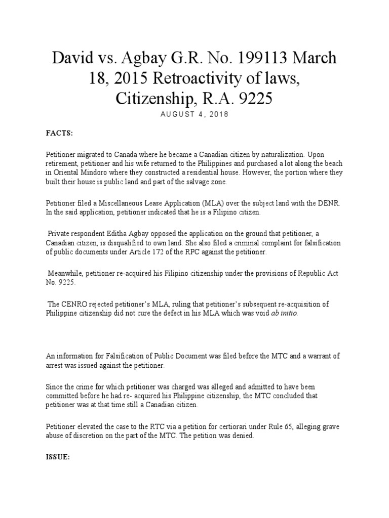 David Vs Agbay Doctrine | PDF | Naturalization | Citizenship