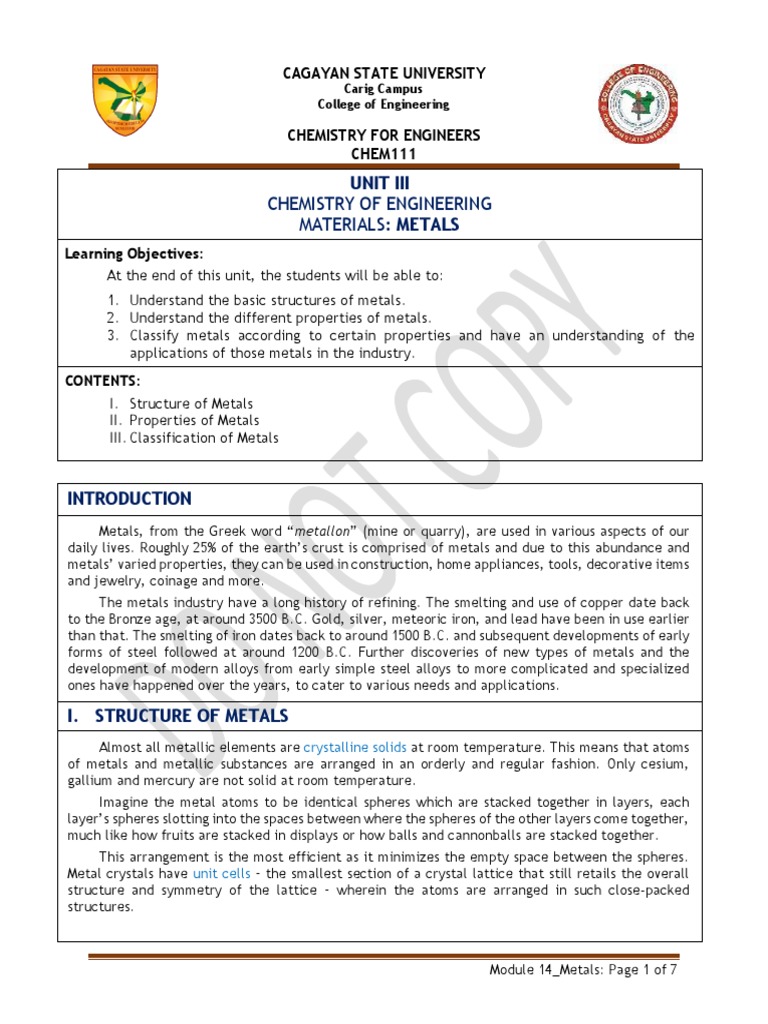 Module 14 - UNIT III - Metals | PDF | Metals | Steel