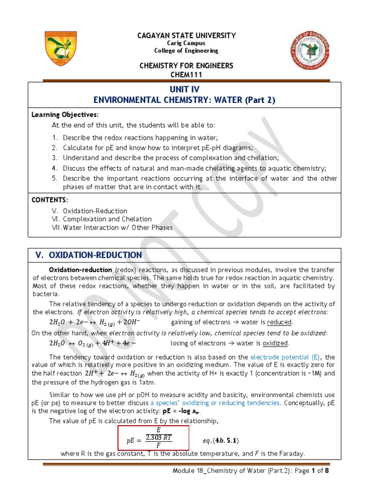 Water Chemistry: Redox & Complexation | PDF | Coordination Complex | Redox